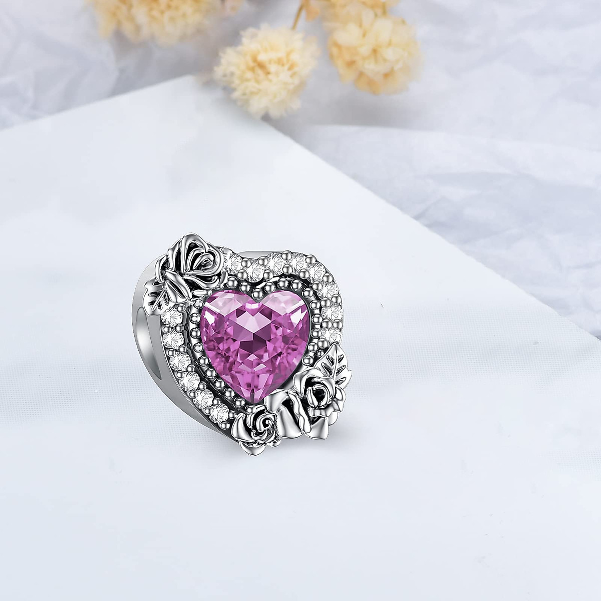 LELOUCHY Birthstone Charms for Bracelets, Rose 925 Sterling Silver Love Heart Bead Pendant, Happy Birthday Mother's day Jewelry Gifts for Women-10