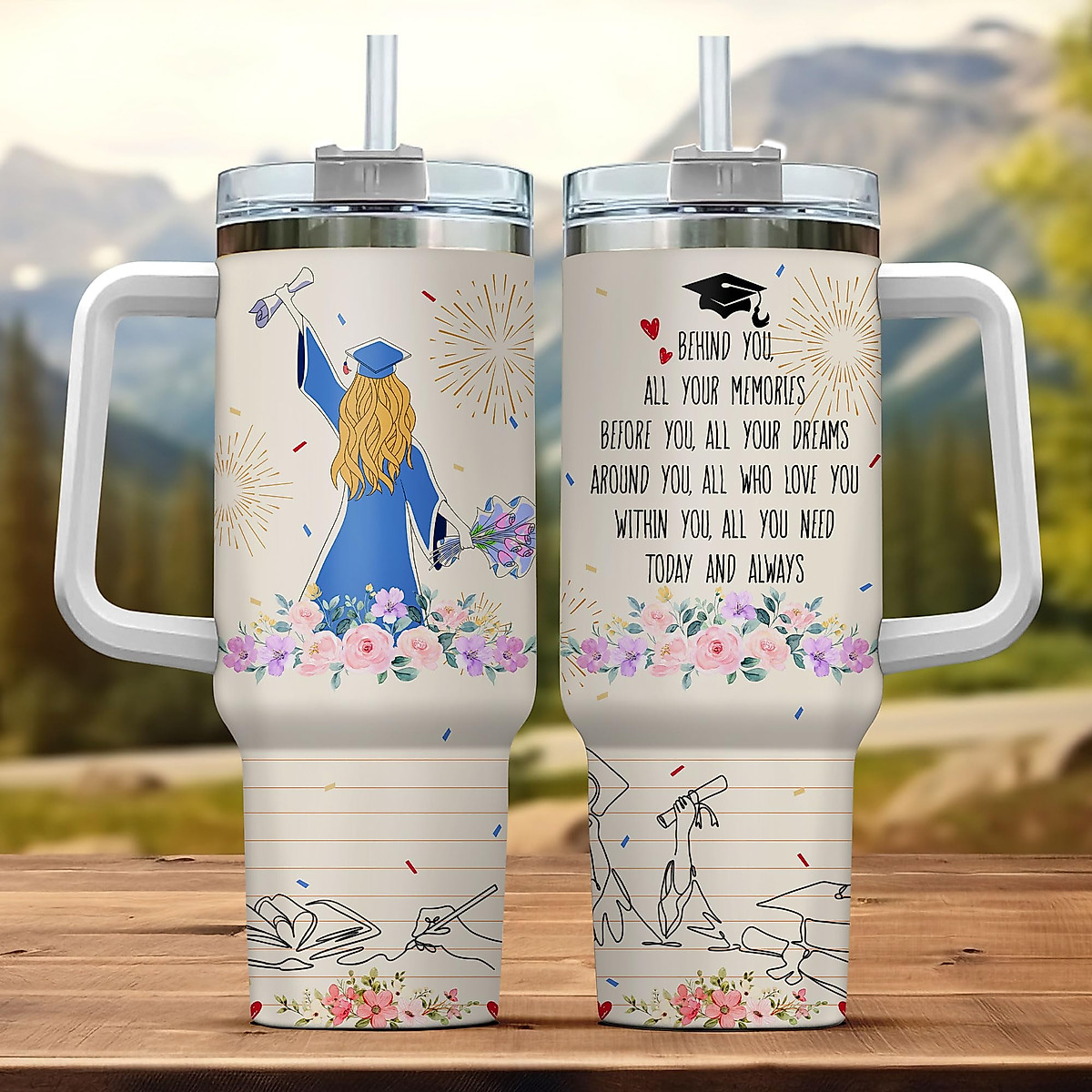 99OWL Graduation Gifts, Tumbler 40 Oz With Handle Lid And Straw, Congrats Graduation Memorial, Gold Royal Of Senior Handle Floral Heart Class Light Teal Flower Tumblers Rose Navy