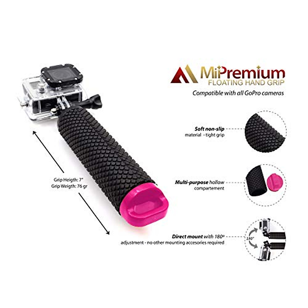 Waterproof Floating Hand Grip Compatible with GoPro Hero 11 10 9 8 7 6 5 4 3+ 2 1 Session Black Silver Handler & Handle Mount Accessories Kit for Water Sport and Action Cameras (Rose Red)