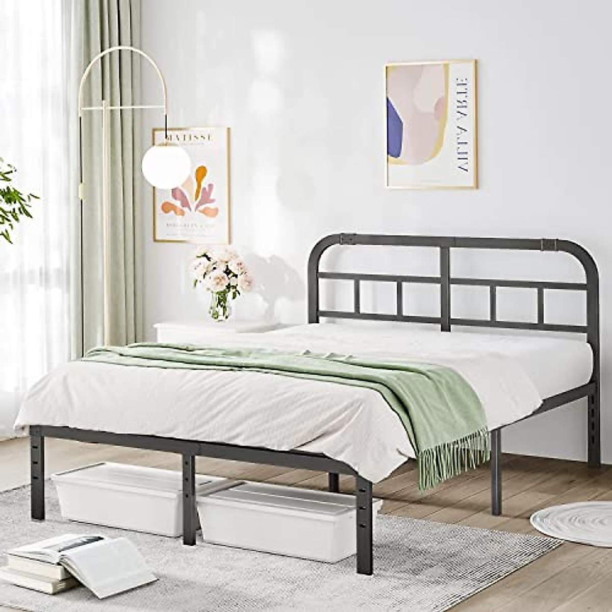 COMASACH California King Bed Frame with Headboard 14 Inch High 3500lbs Heavy Duty Steel Slats Support Cal King Bed Platform No Box Spring Needed, Noise-Free, Easy Assembly-Black