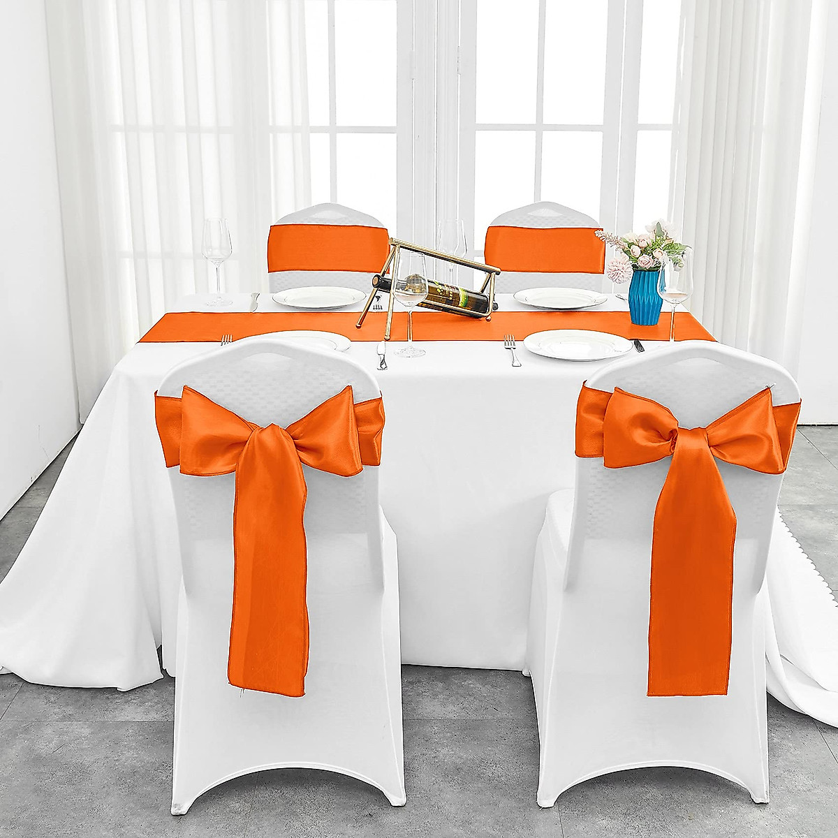 4-Pack Orange Satin Table Runner 12 x 108 Inch Long Bright and Smooth Silk Fabric Table Runner for Wedding Banquet Birthday Party Decoration