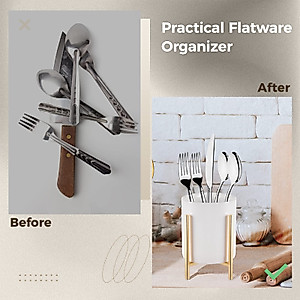 Varku 2Pcs Sturdy Cutlery Holders, White Ceramic Cup with Golden Metal Bracket, Robust Silverware Caddy, Round Utensil Crock for Countertop, Desktop Flatware Organizer for Kitchen