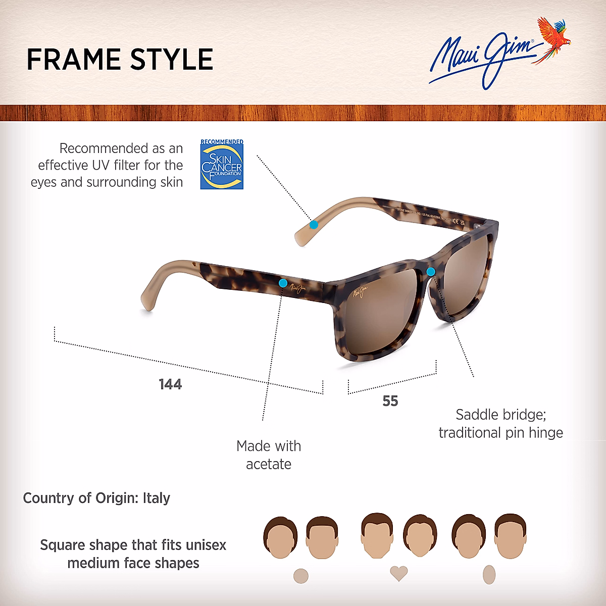 Maui Jim Men's and Women's Stone Shack Polarized Classic Sunglasses, Havana Tort w/ Tan Tips/HCL Bronze, Medium