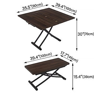 MYSELFLY Living Room Dinning Tables Folding Metal Lift Bracket Multifunction Transform Dinner Kitchen Coffee Tea End Table in Home Wood Desktop Design 40x35 Walnut