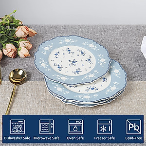 fanquare 8 Inch Porcelain Dessert Plates Set of 4, Lace Serving Bowls Set for Salad, Soup, Pasta, Snack, Blue Roses