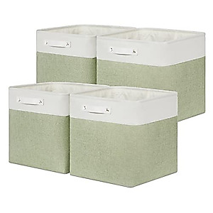 Bidtakay Storage Baskets for Clothes Set of 4 Large Linen Baskets for Organizing Storage Shelves Cubes Organizer 13 inch Storage Bins for Closet Shelves Home Nursery Toy Storage (White&Green)