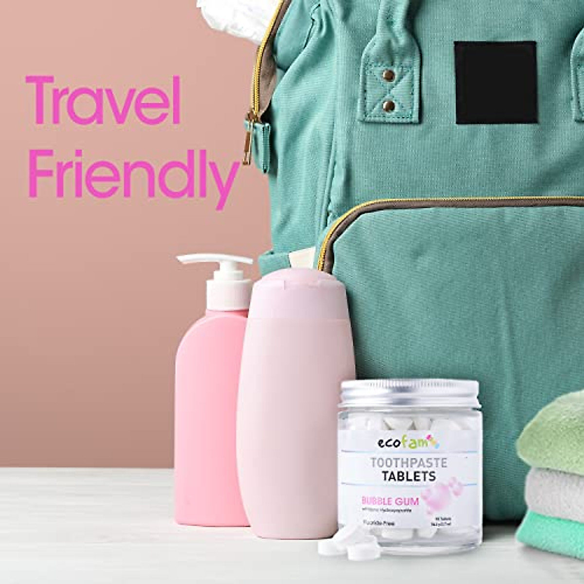 Ecofam Kids Toothpaste Chewable Tablets - 90 Natural Xylitol Tabs - Zero Waste Glass Jar - Travel Friendly - Fluoride-Free -with Nano Hydroxyapatite -Vegan - Made in The USA (Bubble Gum)
