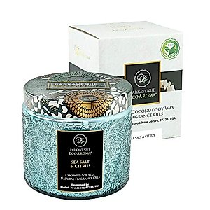 EcoAroma Sea Salt & Citrus Scented Organic Coco-Soy Jar Candles Hand Poured Natural Flower Extracted Fragrance Oils Botanical Candles for Aromatherapy Home Scent & Xmas Gifts 12 Oz
