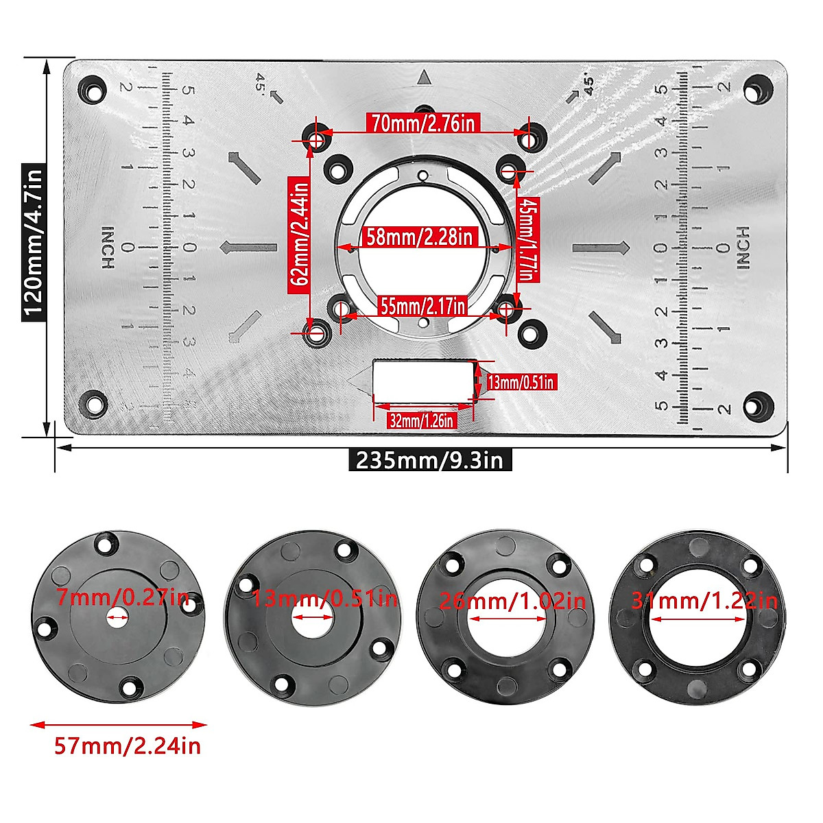 QYQRQF Router Table Insert Plate, Aluminum Router Plate for Woodworking Table Top Insert Mounting Plate Wood Tools Trimming Milling Machine with Accessories (Black)
