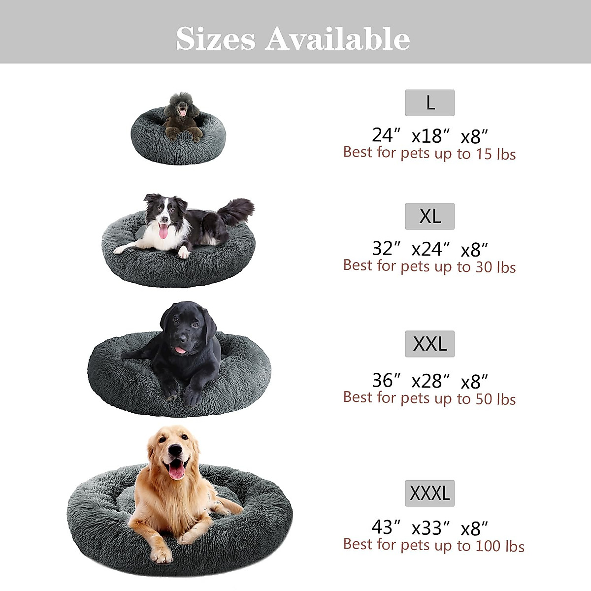 MFOX Calming Dog Bed (L/XL/XXL/XXXL) for Medium and Large Dogs Comfortable Pet Bed Faux Fur Donut Cuddler Up to 25/35/55/100lbs