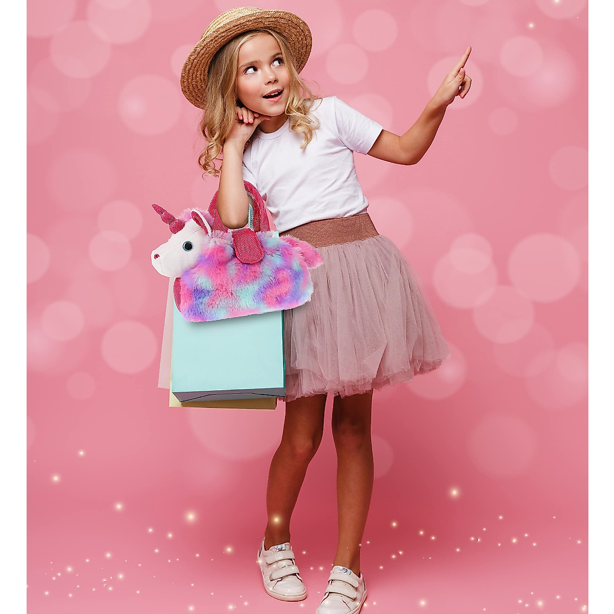 DolliBu Cotton Candy Pink Unicorn Plush Toy Pet Carrier - Cute Unicorn Stuffed Animal Pet Purse for Girls, Removable Sparkly White Unicorn Plush Toy in Fluffy Pink Handbag for Dress Up, Pretend Play