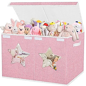 Xmasorme Large Toy Box for Girls, Toy Chest Box Organizer Bins with Star Transparent Windows, Sturdy Handles and Mesh Bag, Foldable Large Size Storage Box for Nursery, Playroom, Bedroom