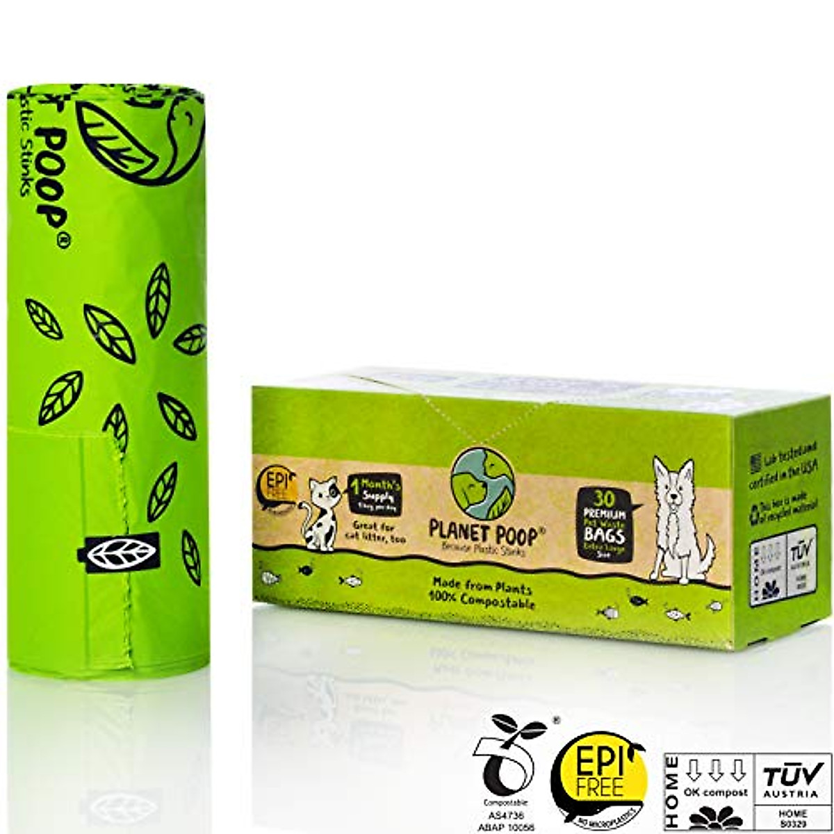 PLANET POOP Home Compostable Dog Poo Bags 30, XL Sized Cat Litter Box Clean-up Doggy Waste Bag with Handles, Pooper Scooper Swivel Bin, Biodegradable for Dogs Extra-Large Grocery Size Eco Pet Supplies