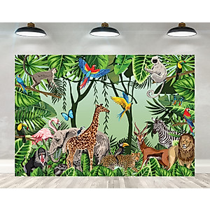 Ticuenicoa 5×3ft Jungle Backdrop Safari Animals Tropical Boy Birthday Baby Shower Birthday Party Wild One Banner Decoration Supplies Favors Gifts Forest Woodland Background Photobooth Prop