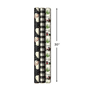 Hallmark Black Christmas Wrapping Paper with Cut Lines on Reverse (3 Rolls: 120 sq. ft. ttl) Retro Santa, Black and White Buffalo Plaid, Train and Trees