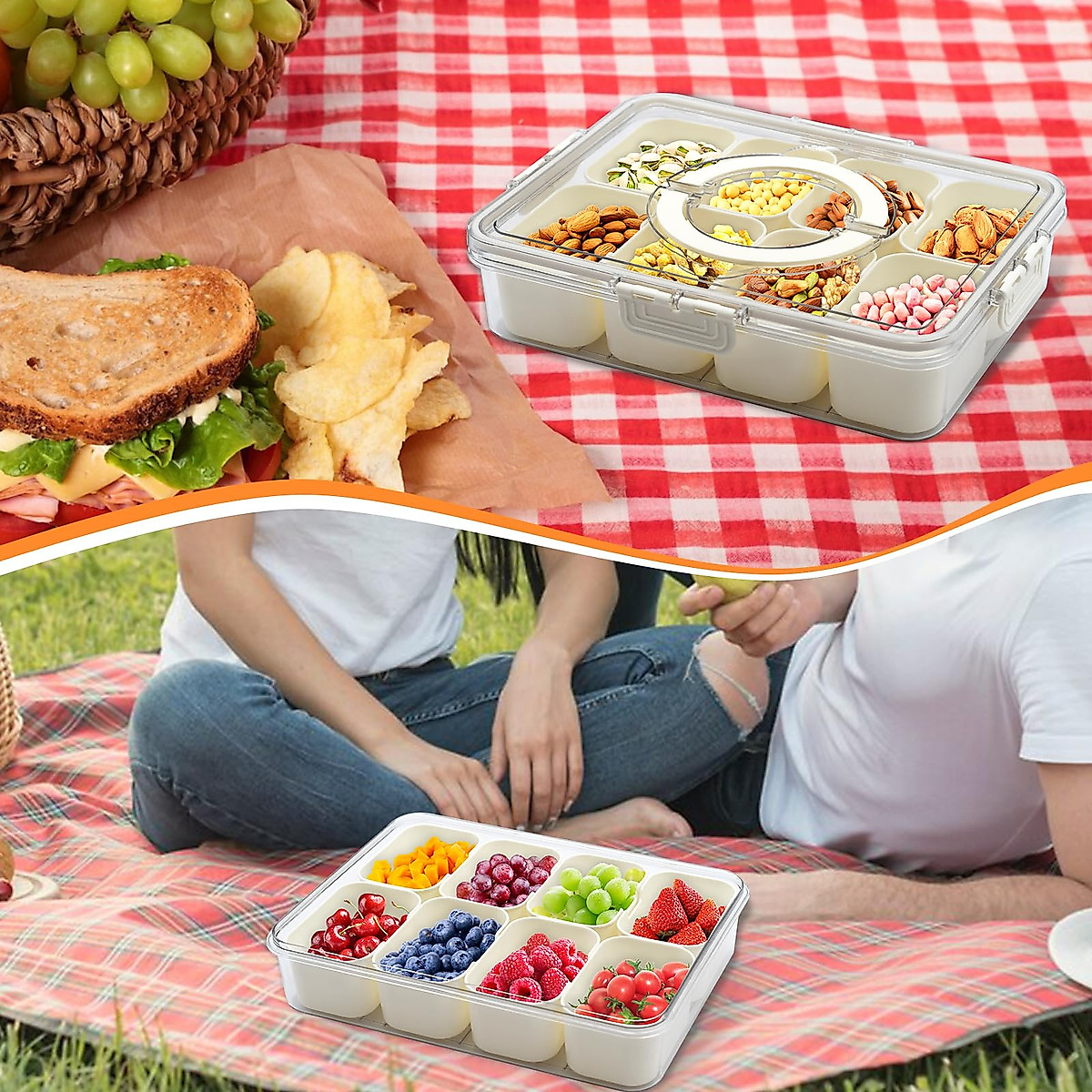 2 Pack Snackle Box with Clear Lids and Handle, Divided Serving Tray Portable Snack Platter No-Spill Snack Box Charcuterie Container Organizer for Travel, Salad Bar, Fridge, Camping, Fishing, Party
