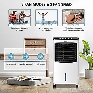 COSTWAY Evaporative Cooler, Portable Cooling Fan with Remote Control, 3-Mode, 3-Speed and 7.5H Timer Function, Water Tank and Casters, Bladeless Air Cooler for Home Office (White)