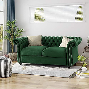 GDFStudio Christopher Knight Home Karen Traditional Chesterfield Loveseat Sofa, Emerald and Dark Brown, 61.75 x 33.75 x 27.75