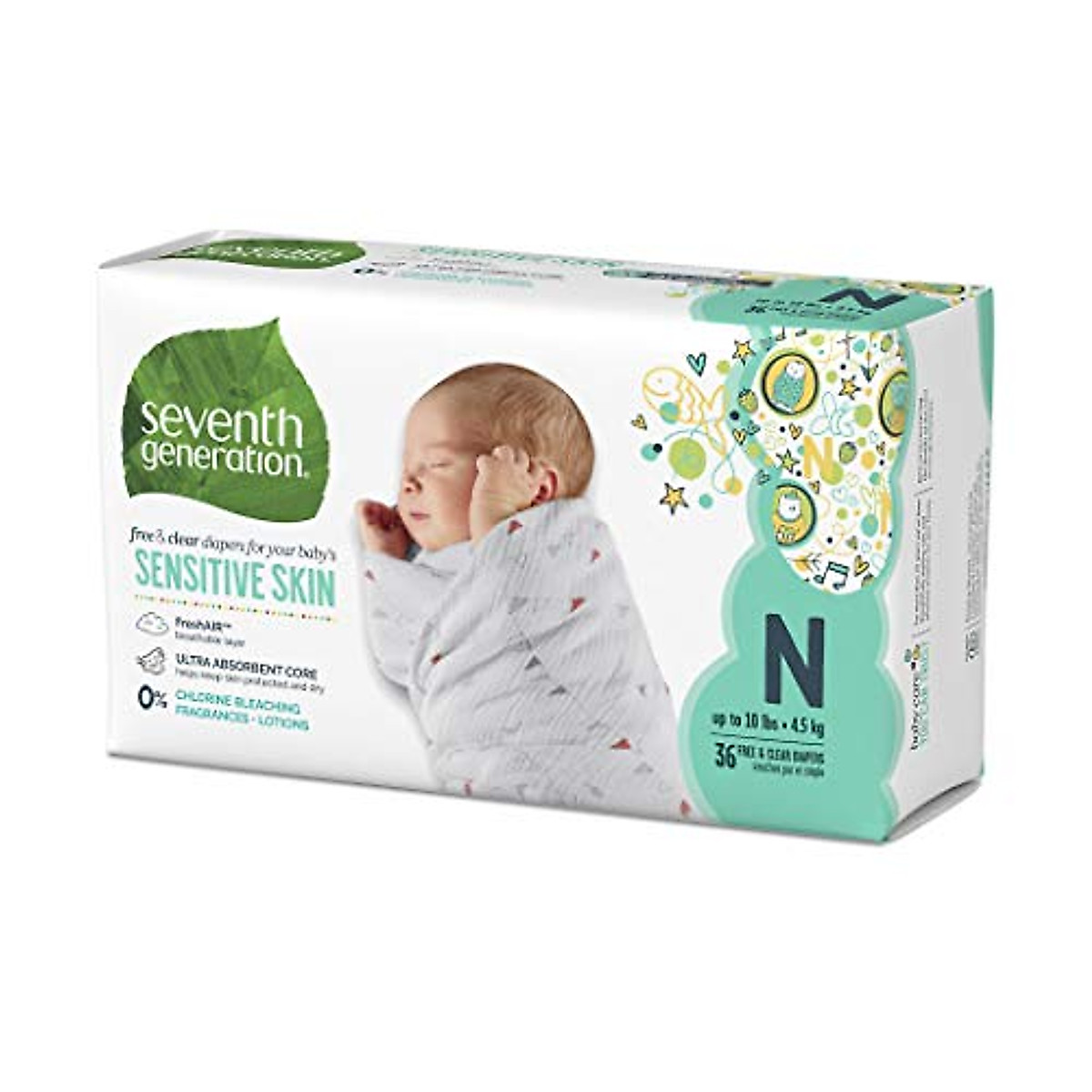 Seventh Generation Baby Diapers for Sensitive Skin, Animal Prints, Size 0 Newborn, 36 count