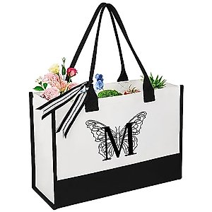 Nuberlic Monogram Letter M Initial Personalized Canvas Tote Bag for Women Butterfly Pattern Reusable Grocery Bags Wedding Birthday Gift