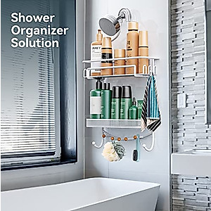 Smatorga Hanging Shower Caddy over Shower Head, Anti-Swing Stainless Steel Shower Organizer with 13 Hooks, Extra Large Storage Space for Razor Shampoo Holder Silver Shower Rack Rustproof