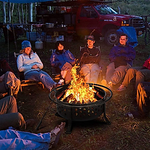 Fire Pits 30'' Outdoor Wood Burning Firepit Bowl with Spark Screen Cover Log Grate Fire Poker Steel Round Fireplace for Outside Camping Bonfire Beach Patio Backyard,Black1