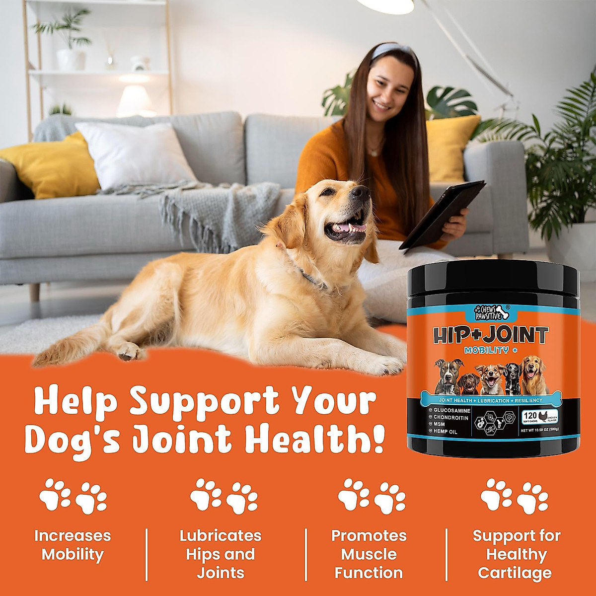 Chews Pawsitive Hip and Joint Supplement for Dogs- Mobility, Hip and Joint Chews for Dogs with Glucosamine, Chondroitin, MSM, Tumeric, Hemp Oil- Soft Chews Joint Support Supplement for Dogs- 120ct