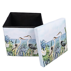 Corner Merchant Collapsible Ottoman Storage Box with Lid Decorative Coastal Decor (Blue Heron)