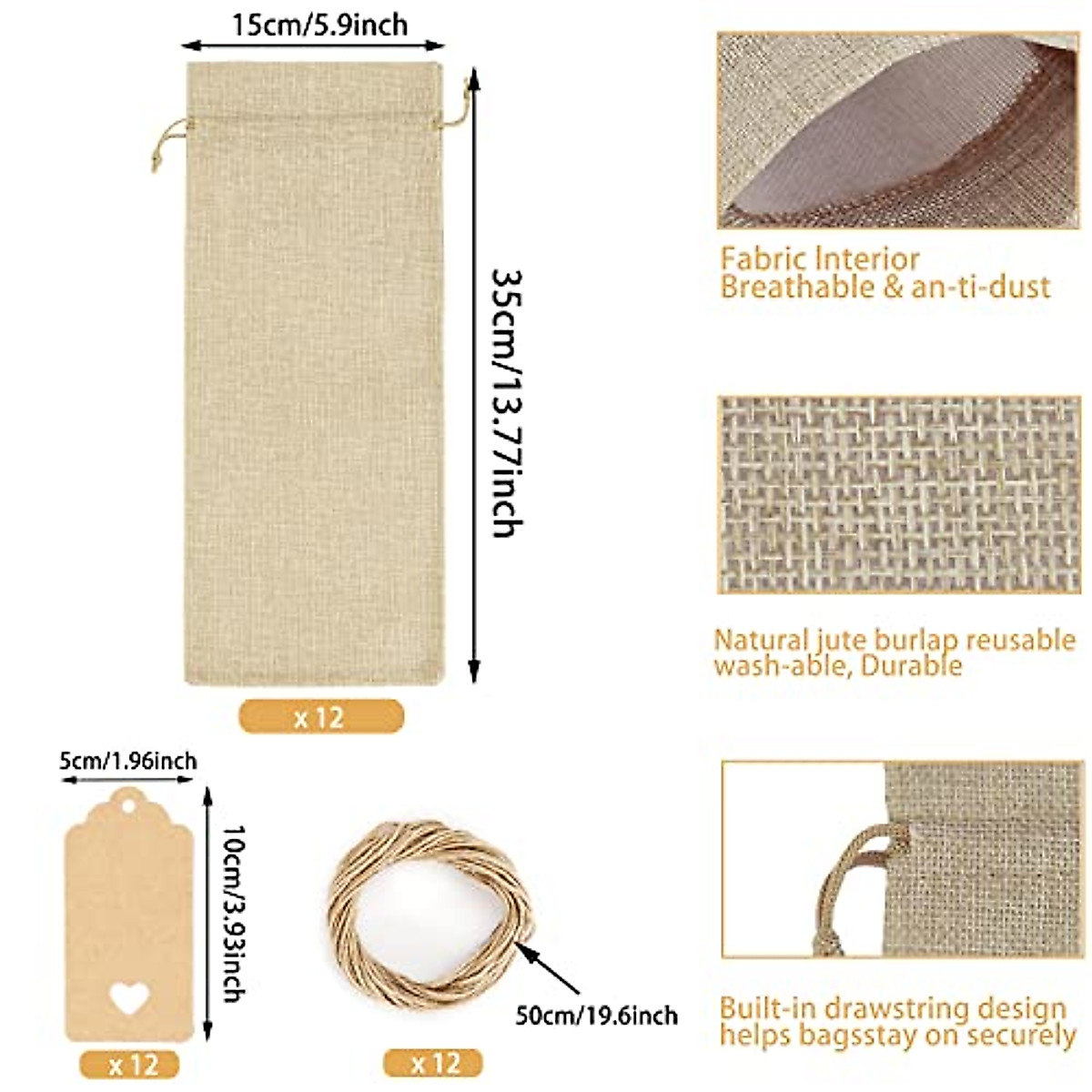 Qibote Burlap Wine Bags with Drawstrings, Wine Bags Gift - Single Reusable Bottle Bags Perfect for Travel, Wedding, Birthday, Housewarming and Dinner Party (12 Pcs - Brown)