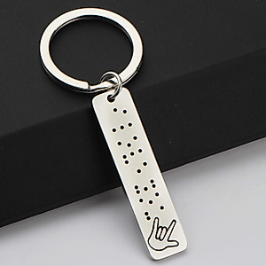 BEKECH ASL Jewelry Gifts I Love You in Braille Engraved Keychain Hand Sign Language Jewelry Gift for Her Him Wife Husband (silver)