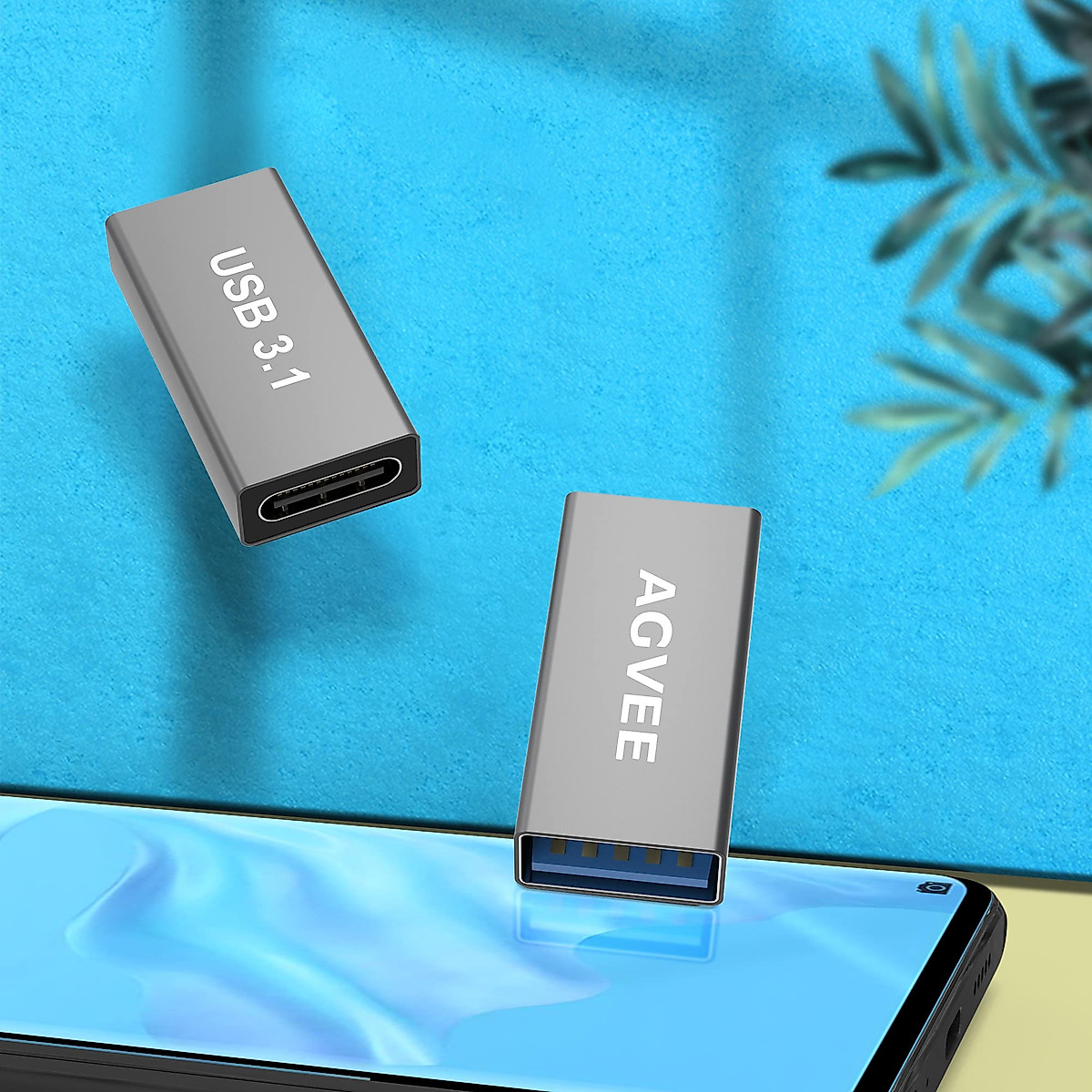 AGVEE [4 Pack USB-A 3.0 Female to USB-C Female Adapter, USB Type-C 3.1 Gen-1 Converter Coupler Extension Extender for MacBook Pro/Air, iPad Pro 2020 2018 Air 4, Samsung S20 S10 Note 20 10, Gray