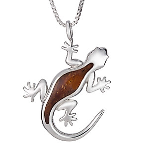 925 Sterling Silver Koa Wood Gecko Pendant with 18" Box Chain, Nickel Free Hypoallergenic for Sensitive Skin, Hawaii Island Jewelry, Gift Box Included (Gecko Sideways)