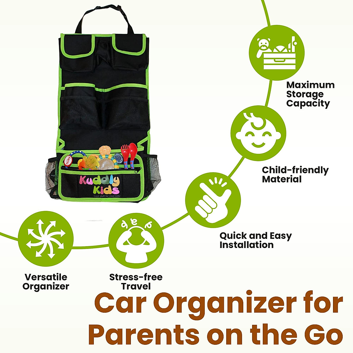 Kuddly Kids Backseat Car Organizer Kid-Safe, Easy-Install Toy/Clutter Organizer, Ultimate Storage Solution, Road Trip Travel Friendly Caddy/Holder for Busy Parents - Car Clutter Control Toy Organizer