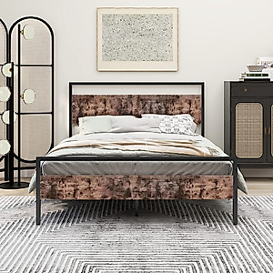 alazyhome Modern Industrial Queen Size Bed Frame Metal Platform with Rustic Wooden Headboard and Footboard, No Box Spring Needed, Noise Free, Easy Assembly Black