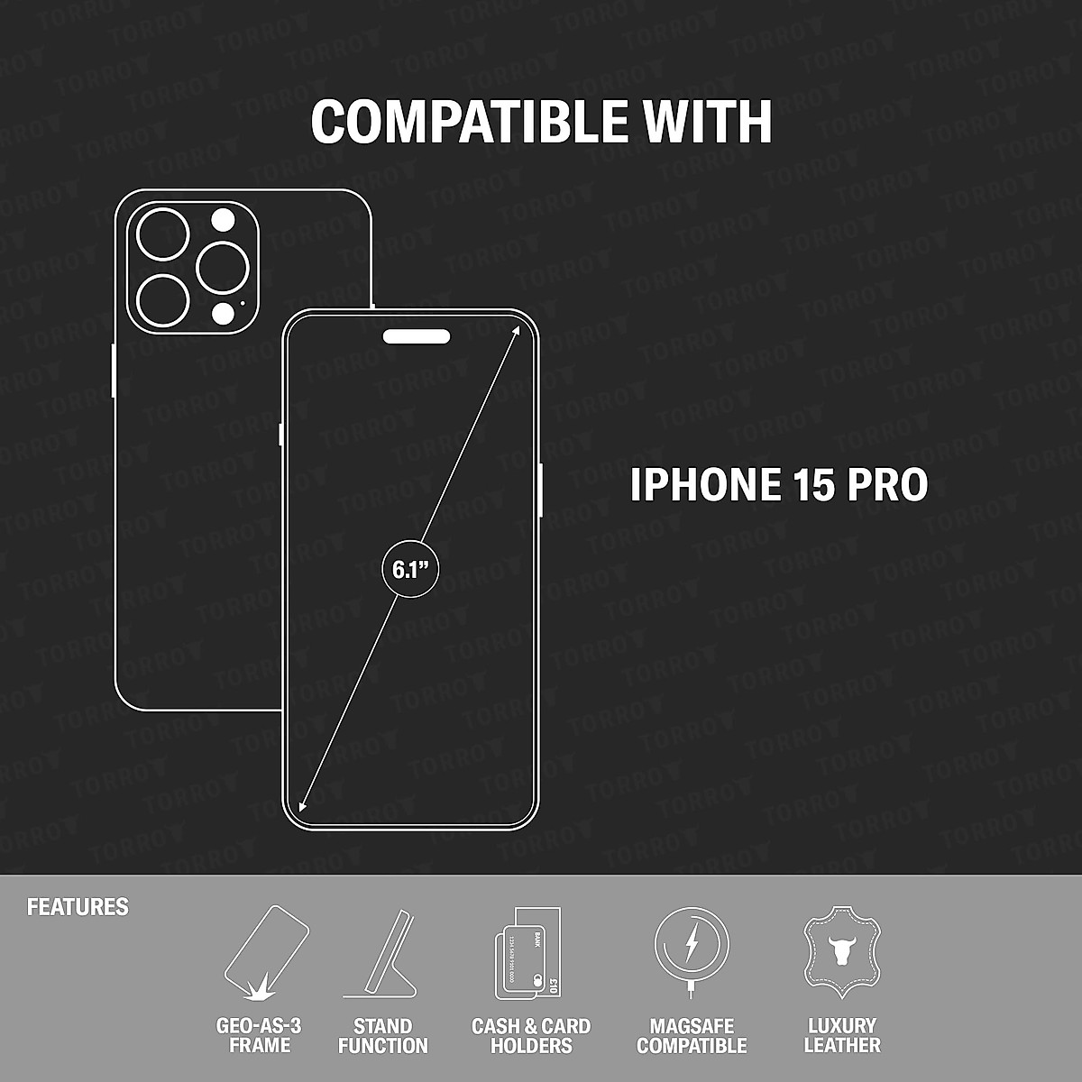 TORRO Premium Leather Case Compatible with iPhone 15 Pro 6.1" – Genuine Leather Wallet Flip Folio Case with Kickstand and Card Slots (Compatible with Official MagSafe Chargers) - Black