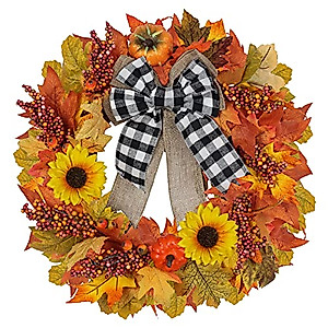 Fall Wreaths for Front Door, YEAHOME, 20" Fall Wreath with Maple Leaves Sunflowers Bowknot for Autumn Decoration, Artificial Fall Decorations for Home, Window, Wall, Thanksgiving Decor