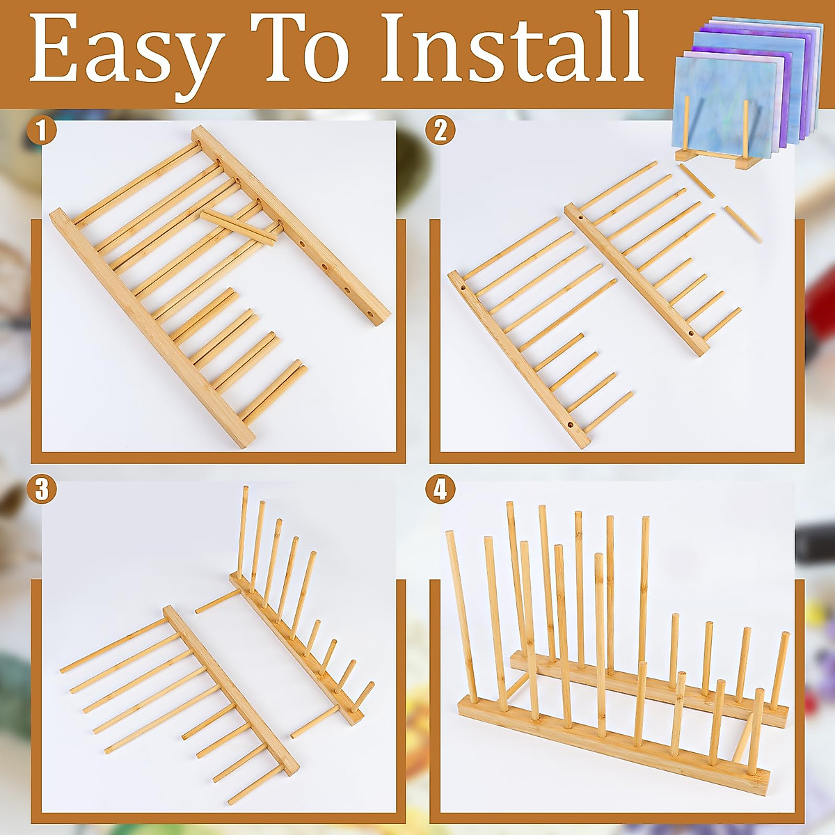 Youdaju 3Pack Stained Glass Organizer Bamboo Dish Plate Rack Wooden Dish Plate Stand Stained Glass Holder Space Saving Bamboo Drying Rack Baby Bottle Drying Rack, 8 Slots Organizer