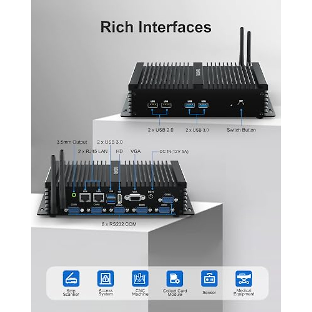 BASOARO Mini Industrial PC Fanless PC i5 4200U Mini PC RS232, Dual Gigabit RJ45 LAN, 8G RAM 128G SSD, HD VGA Dual Display Support 4K, Dual Band WiFi, BT 4.0, 6 USB, Metal Case, Mini PC Windows 10