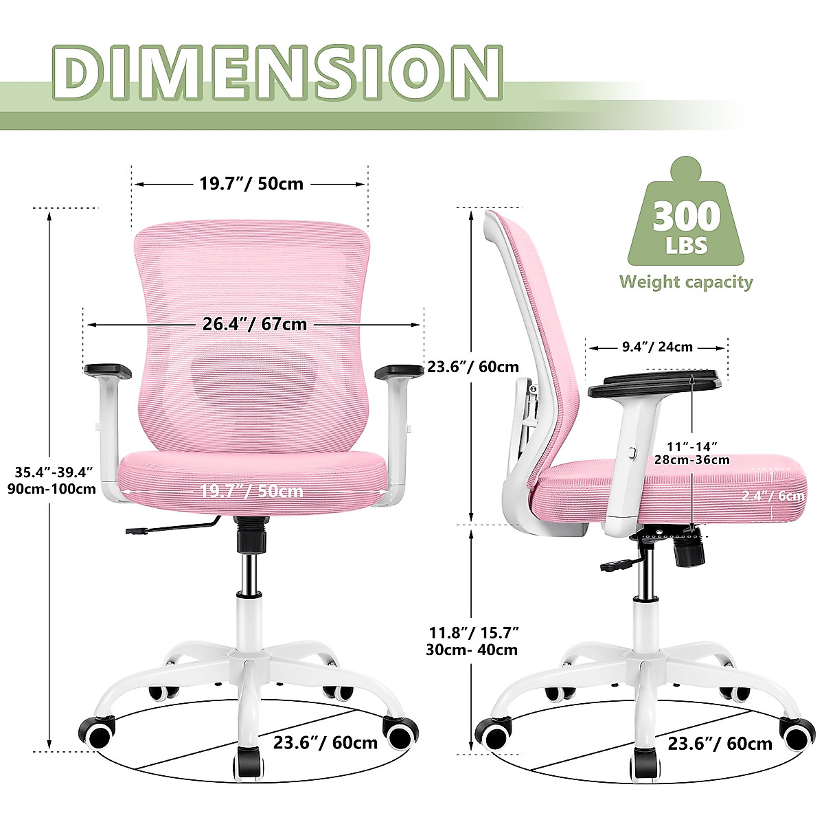 Winrise Office Chair Ergonomic Desk Chairs with Lumbar Support and Flip-up Arms, Comfortable Breathable Mesh Computer Executive Chair with Swivel Task, Adjustable Height 4'', Home, Bedroom -Pink
