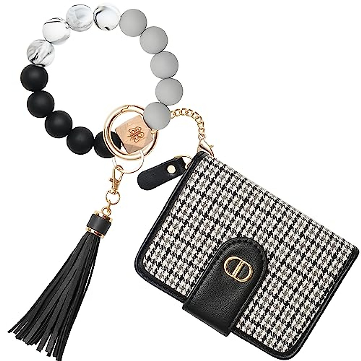 SNUG STAR Multi-Purpose Wallet High Capacity Card Holder Zipper Coin Purse with Wristlet Bracelet Keychain Silicone Beaded Bangle (Silicone Bracelet(16 Cards)-Woven Small Plaid Black)