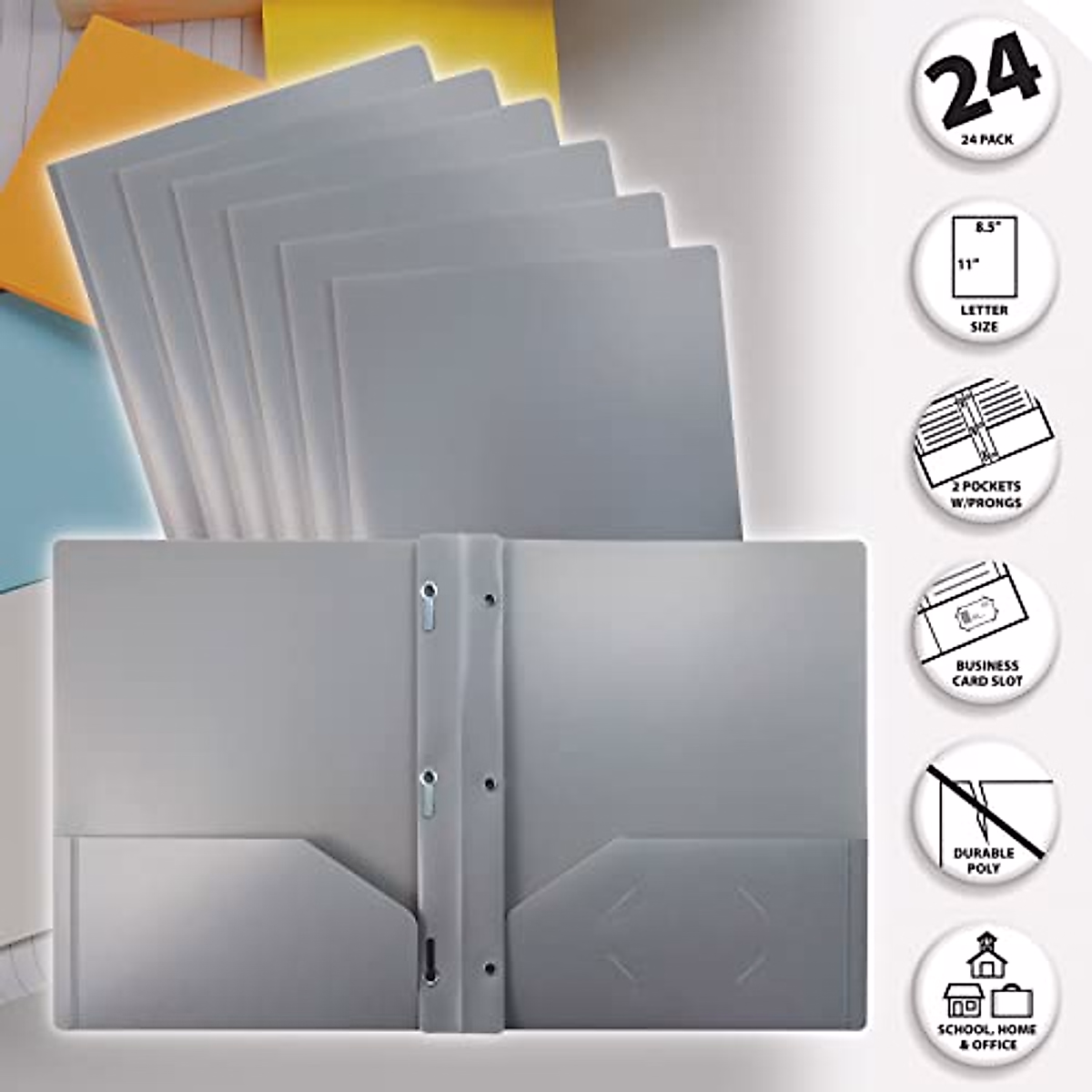 Better Office Products Gray Plastic 2 Pocket Folders with Prongs, 24 Pack, Heavyweight, Letter Size Poly Folders with 3 Metal Prongs Fastener Clips, Gray