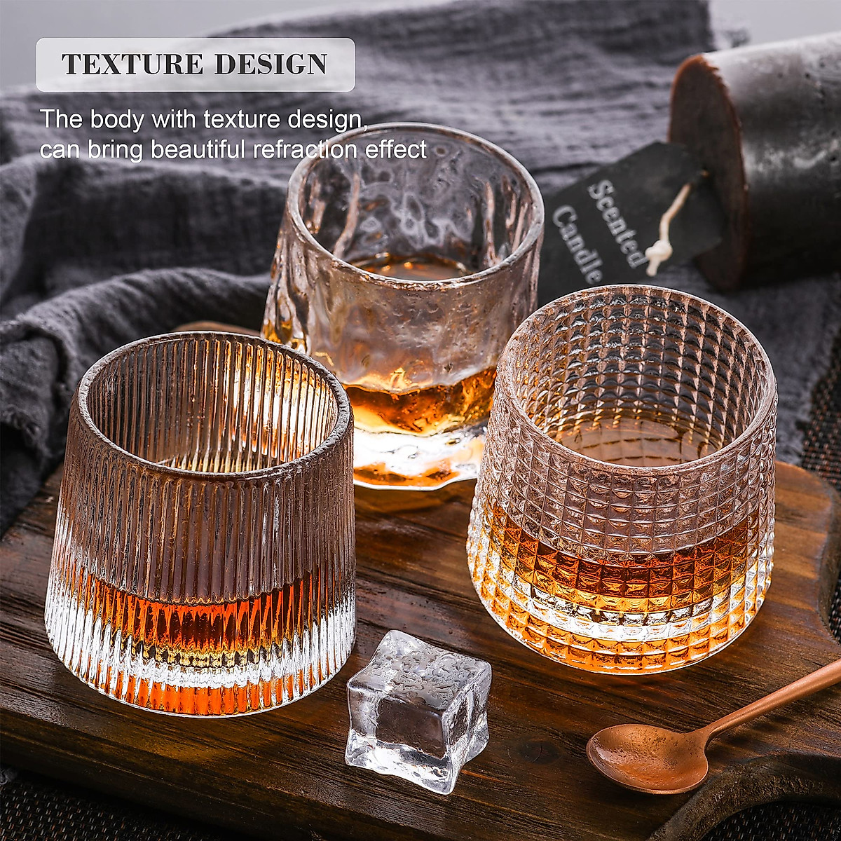 Generic, Whiskey Glasses-Premium 5 OZ Scotch Glasses Set of 3 Old Fashioned Spherical Bottom Rotatable Crystal Cocktail Glass Bourbon Glasses Rum Glasses Bar Whiskey Glasses, Clear