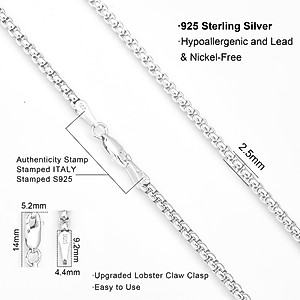 nometo 925 Sterling Silver Necklace, 2.5mm Box Chain, Unisex, 16-30 Inches, Lobster Claw Clasp, Italian Craftsmanship