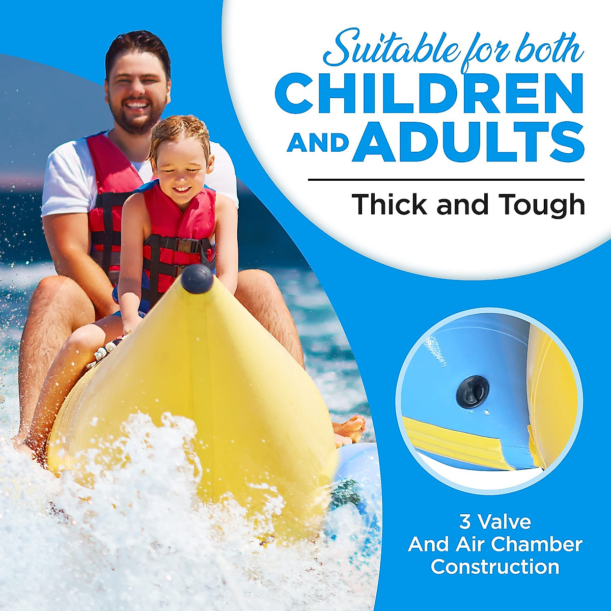 SereneLife Inflatable Floating Banana Boat, Towable Tube for Boating, up to 4 Riders, Includes Storage Bag, Food Pump, and Repair Kit