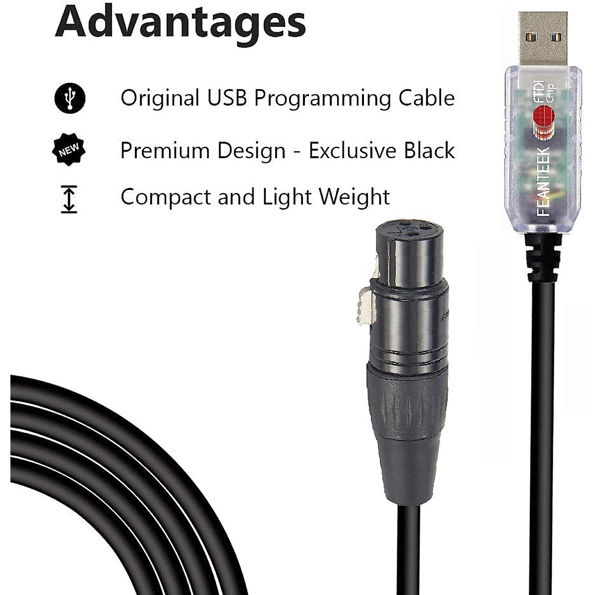 Feanteek USB to DMX Cable RS485 Adapter Converter 3PIN XLR Female DMX512 Interface Freestyler Software PC Control Dimmer Cable with FTDI Chip Support Win10 Mac OS (6FT/1.8M), Black