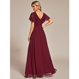 Ever-Pretty Women's Double V Neck A Line Ruffle Hem Backless High Low Chiffon Wedding Guest Dresses Burgundy US14