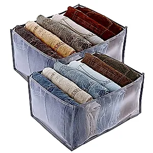 Jean Organizer for Closet - 2 Pack Wardrobe Clothes Organizer 7 Grids, Closet Organizers and Storage for Clothes, Clothes Organizer for Folded Clothes, Jeans, Sweater, Dresses, T-shirts (Grey)