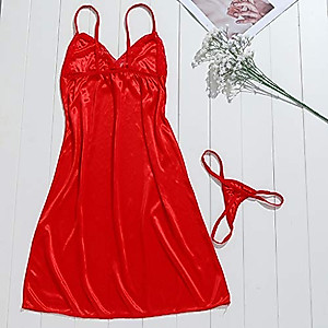 Atezch_ Womens Cami Nightdress + Panty Set, Babydoll Sleepwear Underwear Sexy Babydoll Lace Sleep Dress (Red, One Size)