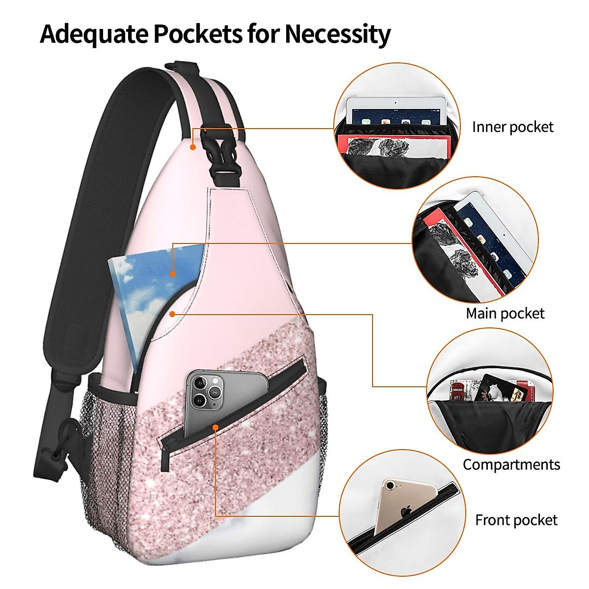 Hicyyu Rose Gold Glitter Outdoor Crossbody Shoulder Bag For Unisex Young Adult Hiking Sling Backpack