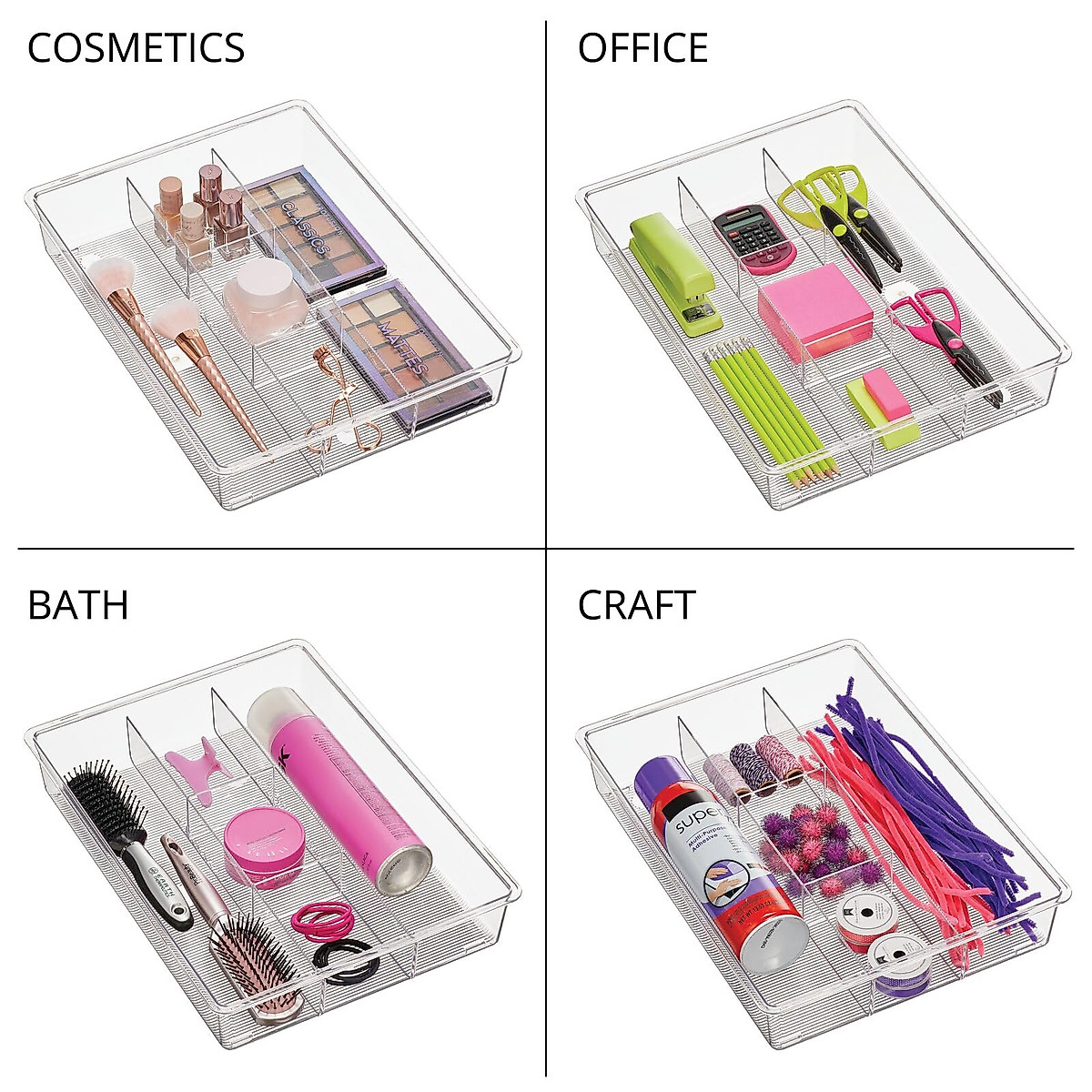 mDesign Adjustable, Expandable Plastic In-Drawer Utensil Organizer Tray Deep 3 Section Divided for Kitchen Organization; Holds Cutlery, Flatware, Silverware, Cooking Utensils, Ligne Collection, Clear